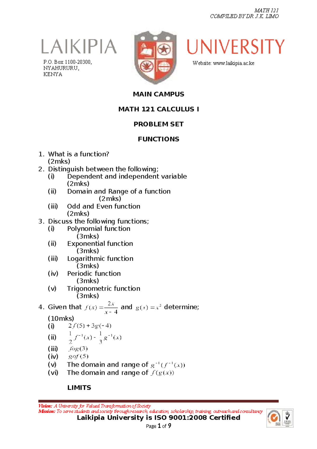 MATH 121 FINAL EXAM NOTES: CALCULUS I PROBLEM SET - Studocu