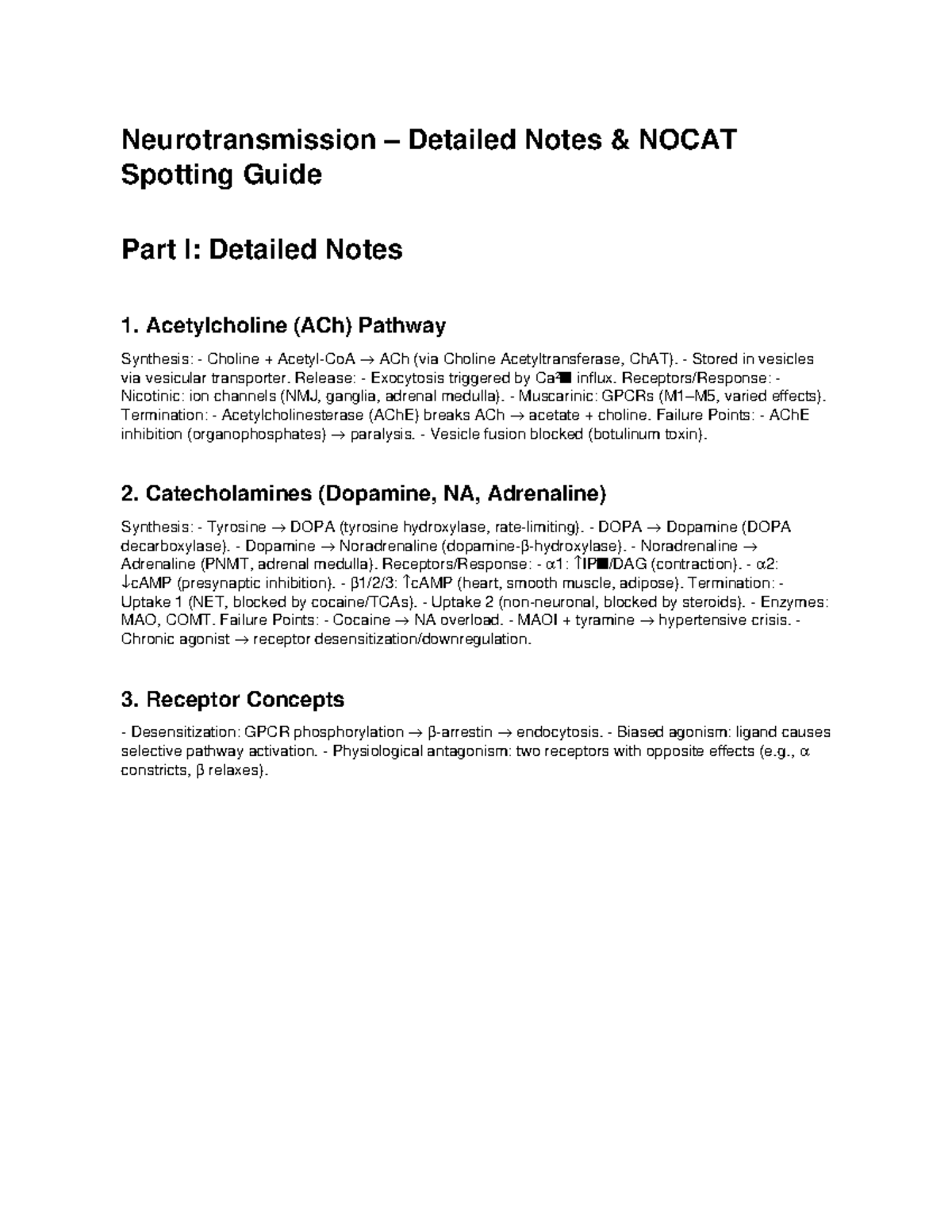 Neurotransmission Notes and Cheat Sheet: NOCAT Guide Part I - Studocu