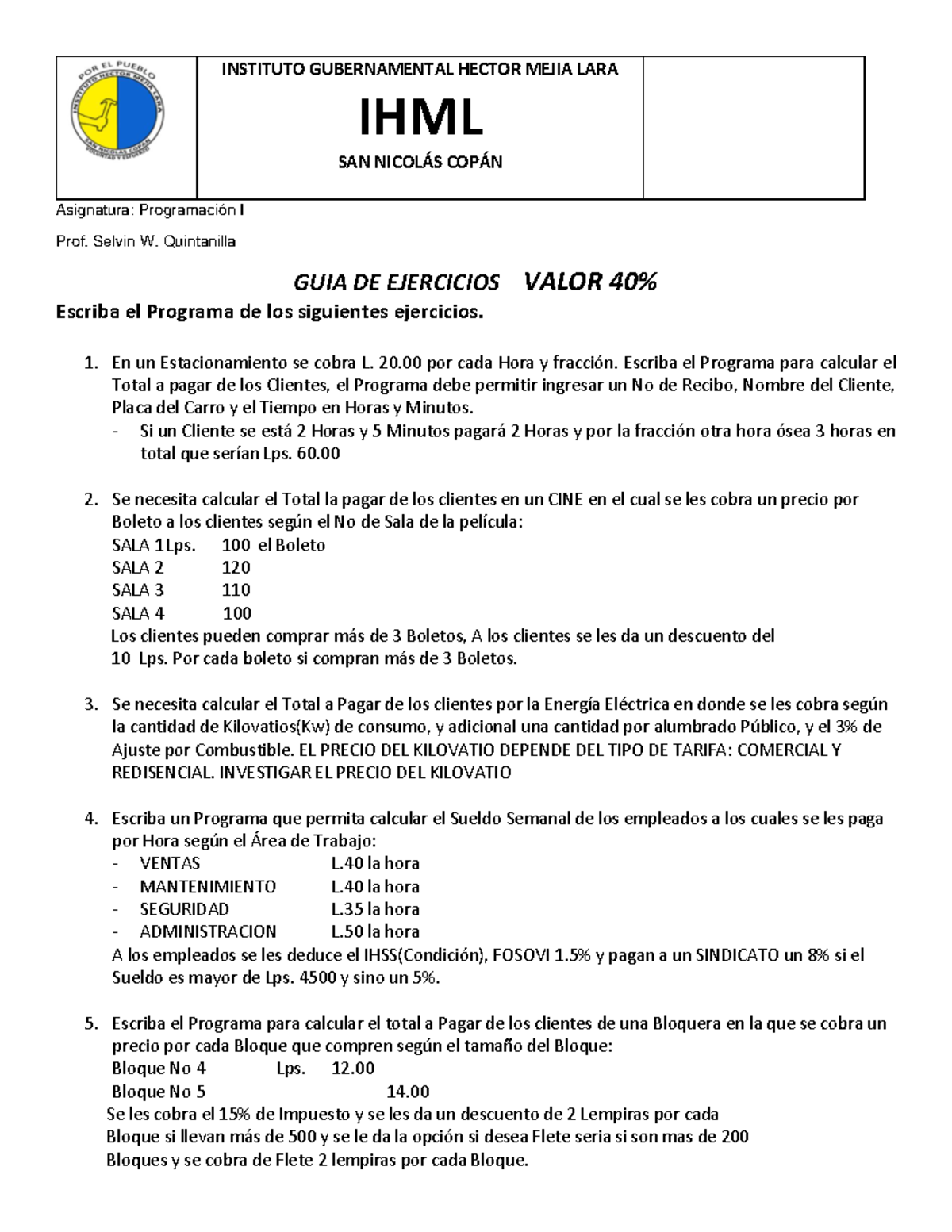 GUÍA DE EJERCICIOS PROGRAMACIÓN I - IHML 2024 - Studocu