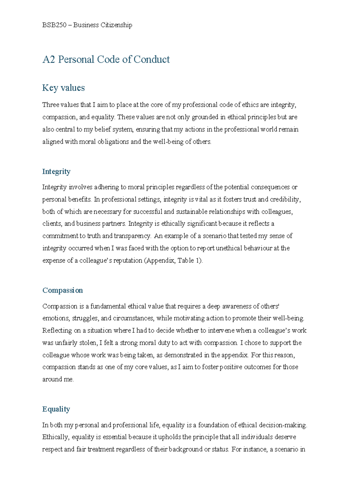 BSB250 A2 Personal Code of Conduct: Core Values of Ethics - Studocu