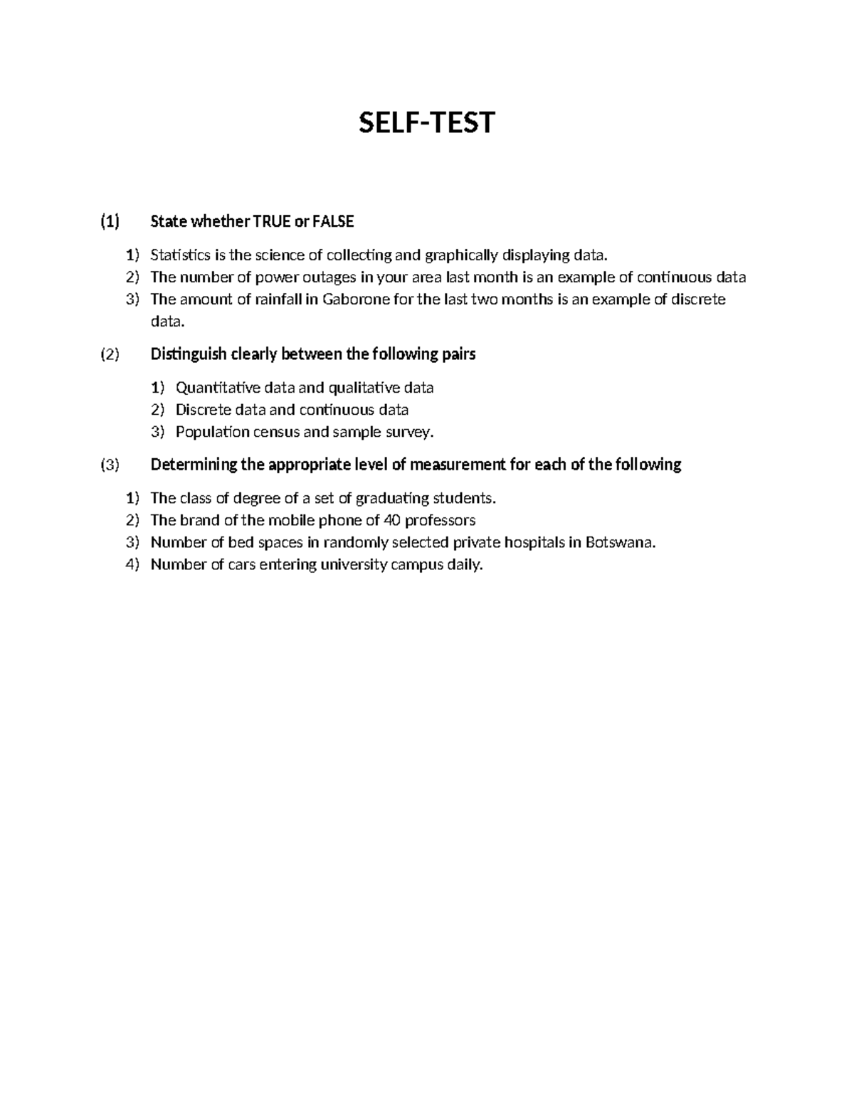 Statistics 101: Self-Test One - Basic Concepts and Data Types - Studocu