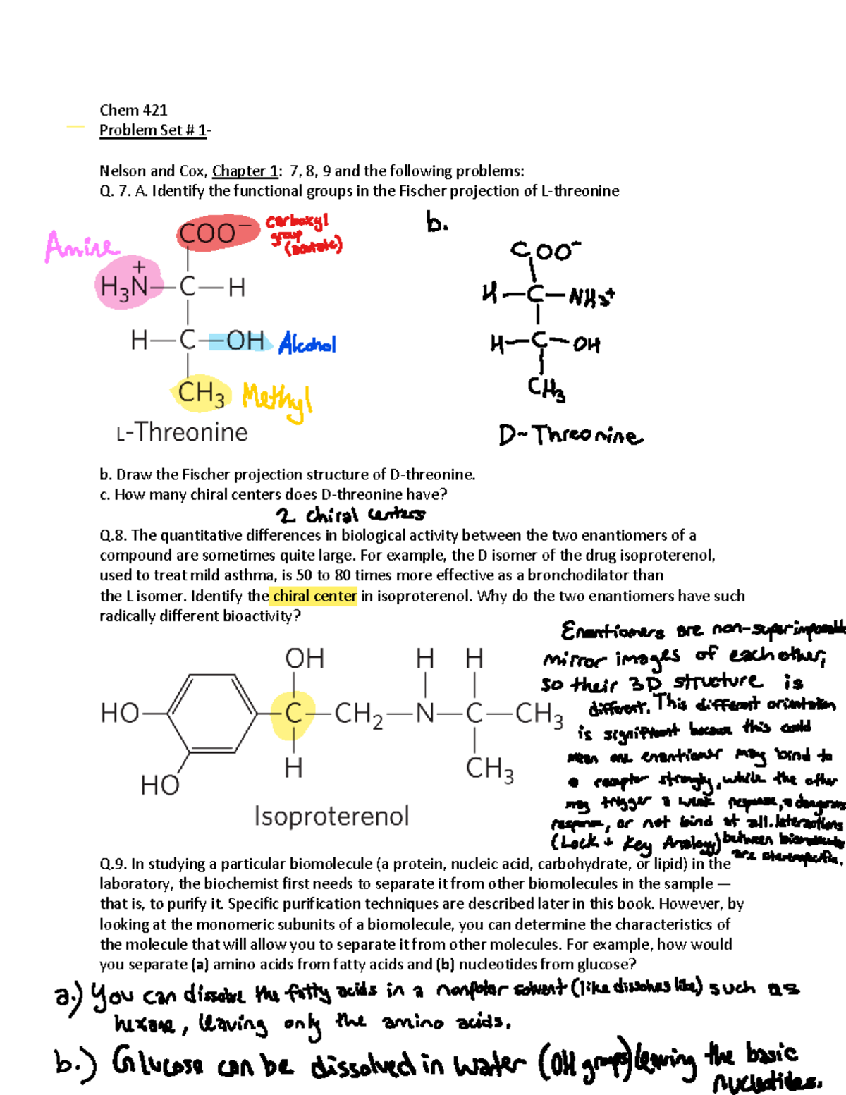 Chem 421 Problem Set 1: Functional Groups & Chiral Centers - Studocu