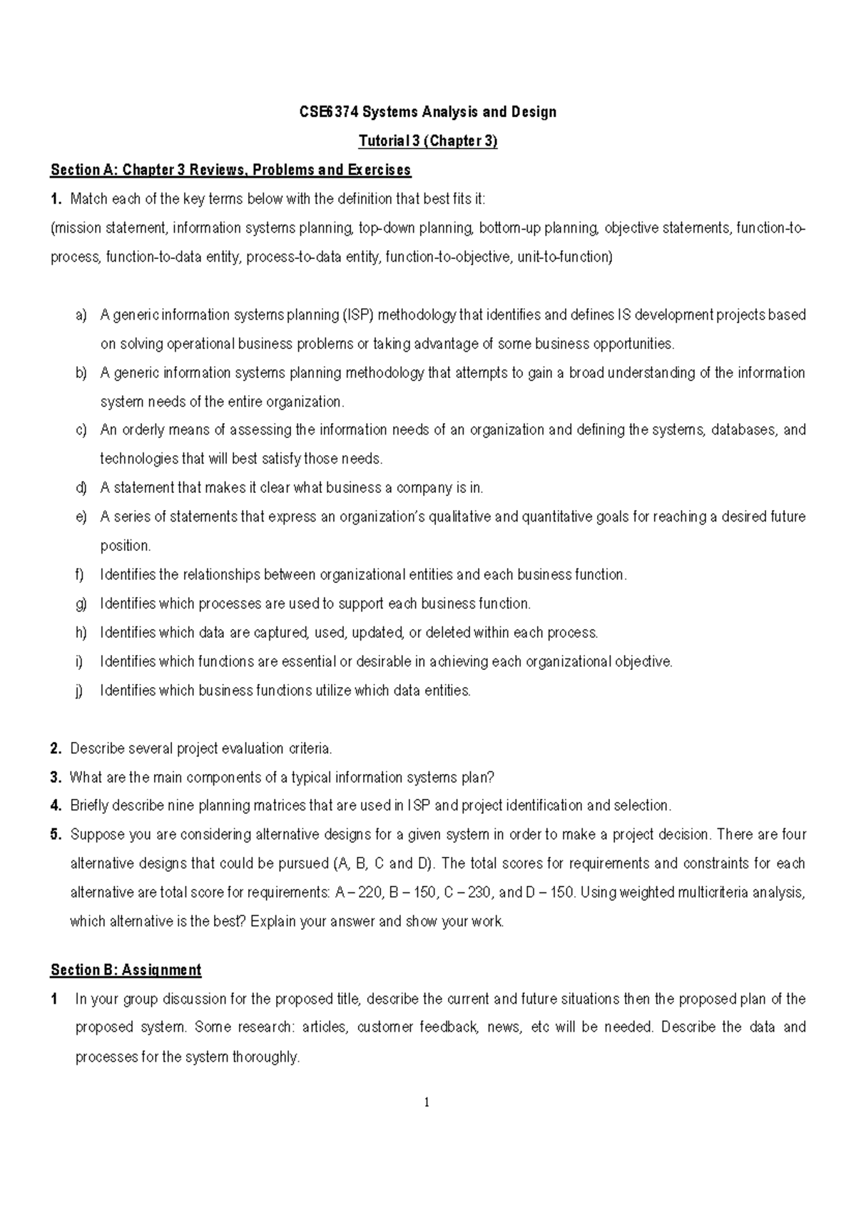 CSE6374 Systems analysis and design tutorial 3: Chapter 3 review and ...