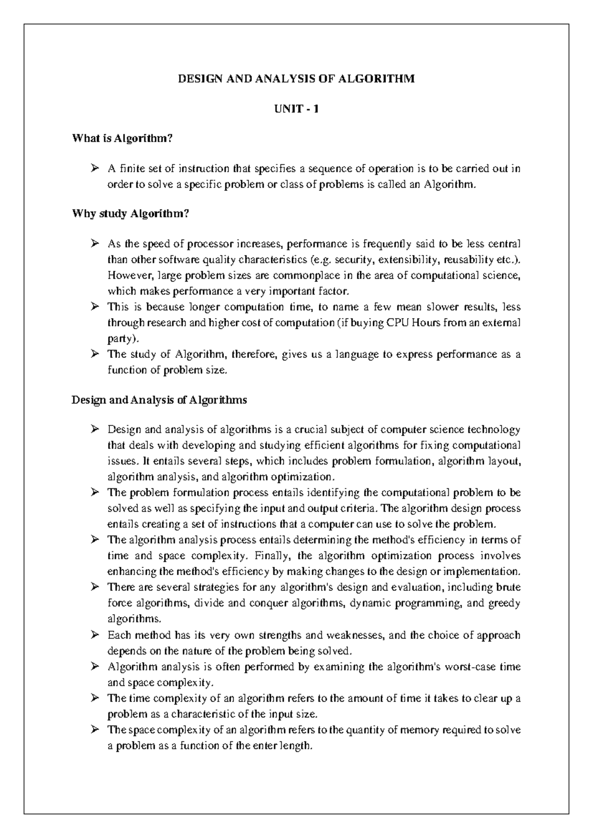 DAA UNIT 1 - Fundamentals of Algorithm Design & Performance Analysis - Studocu