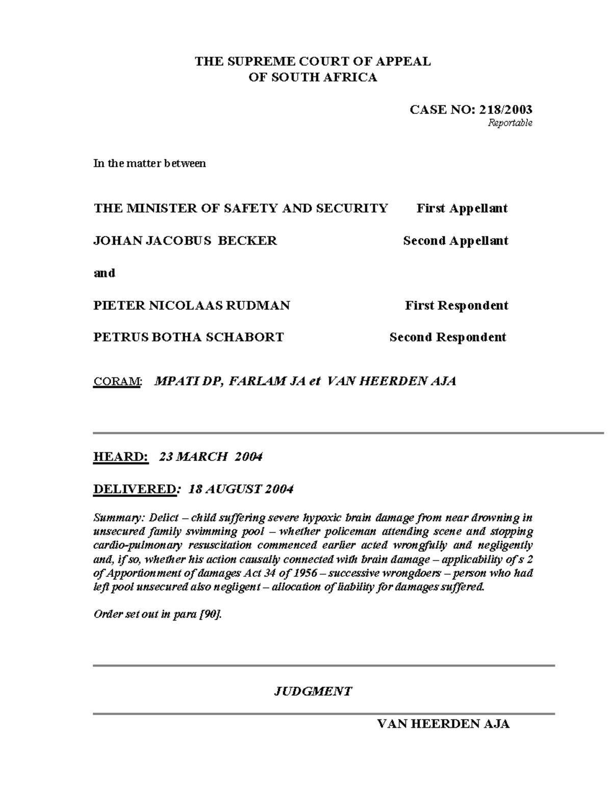 Minister of Safety and Security v Rudman 2005: Negligence in CPR Case ...