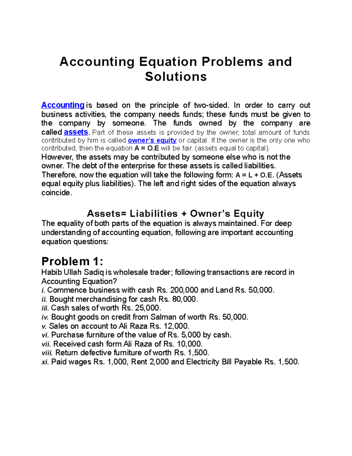 Accounting Equation Problems and Solutions - Accounting Equation ...