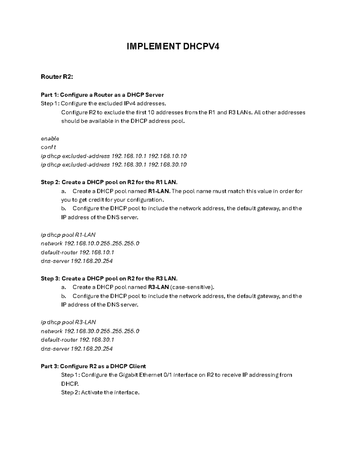 Implementing DHCPv4 Configuration for Router R2 - Networking Guide - Studocu