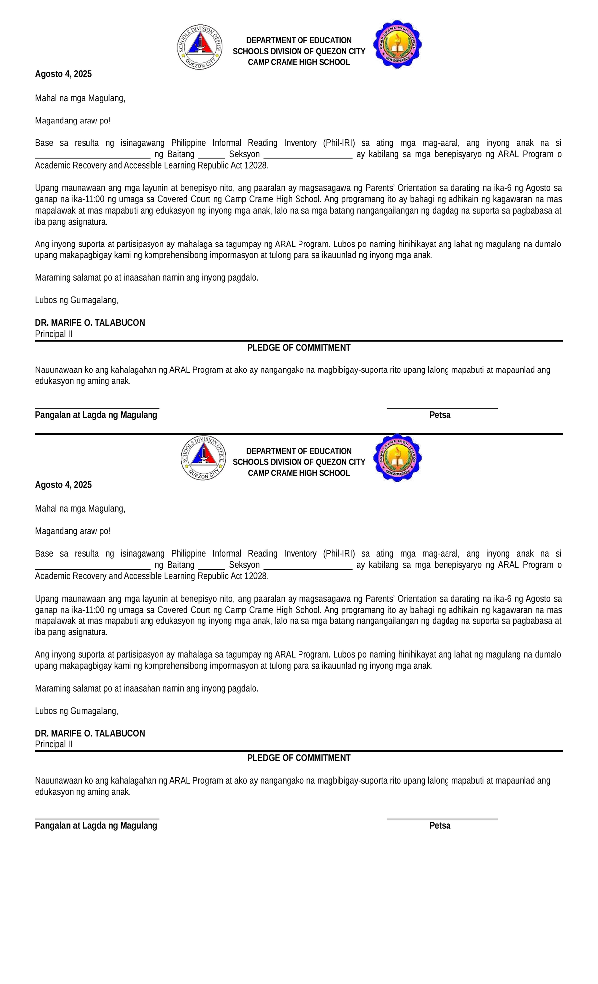 ARAL Program Orientation Letter for Parents - August 2025 - Studocu