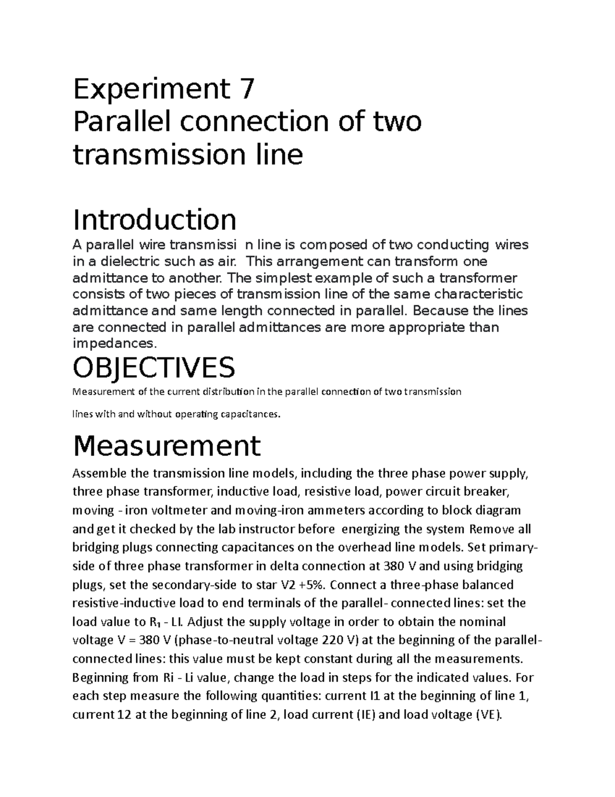 EPT 7 - Lab 7: Parallel Connection of Two Transmission Lines Experiment ...