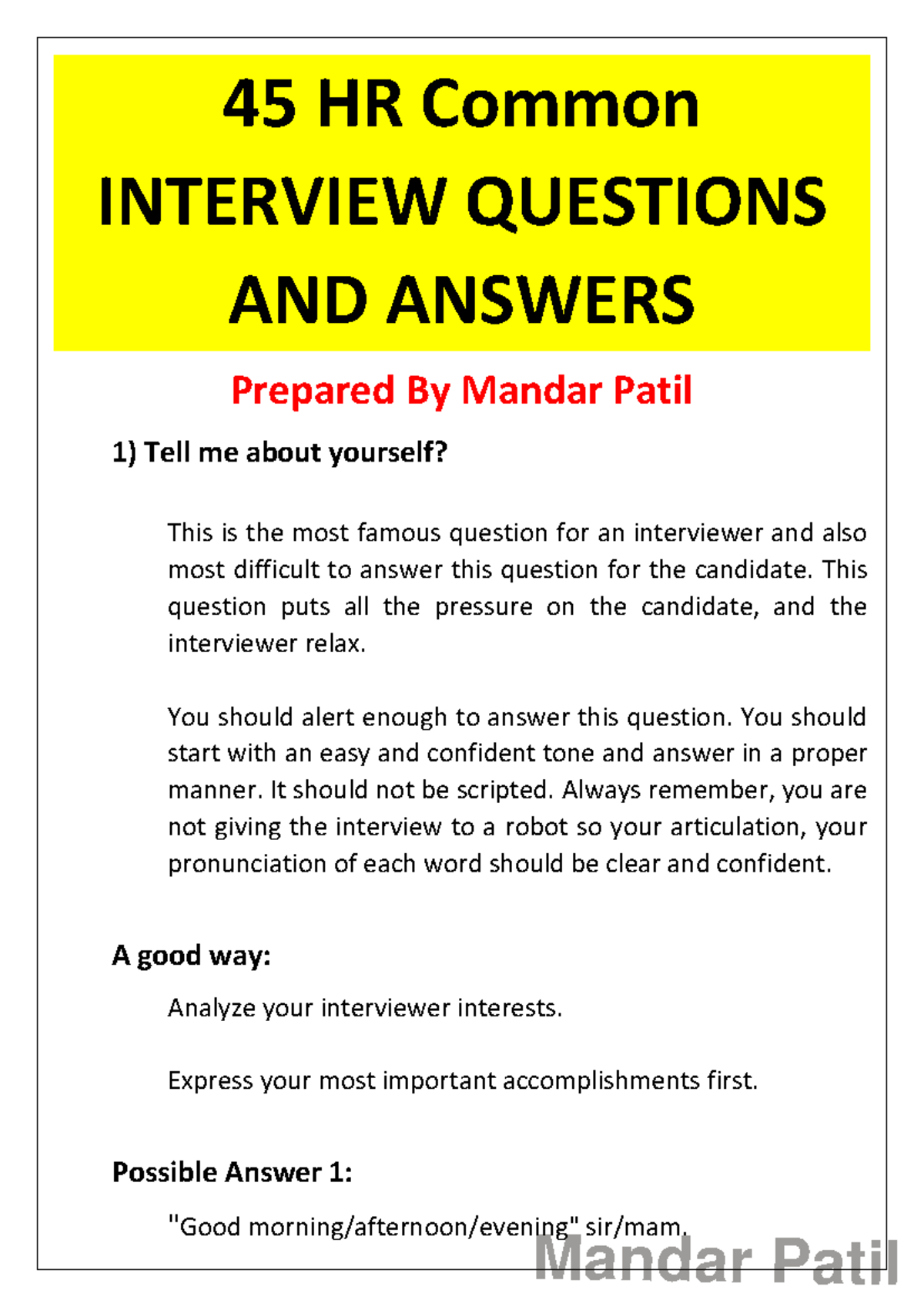 45 HR Common Interview Questions & Answers (Prepared by Mandar Patil ...