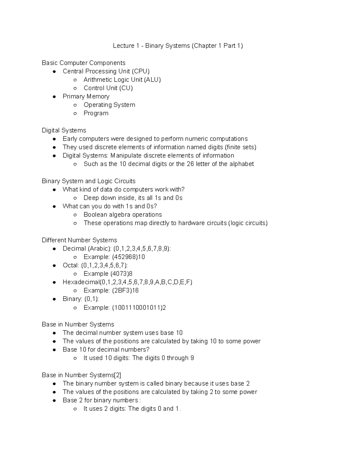 Lecture 1: Binary Systems & Basic Computer Components (Ch 1 Pt 1) - Studocu