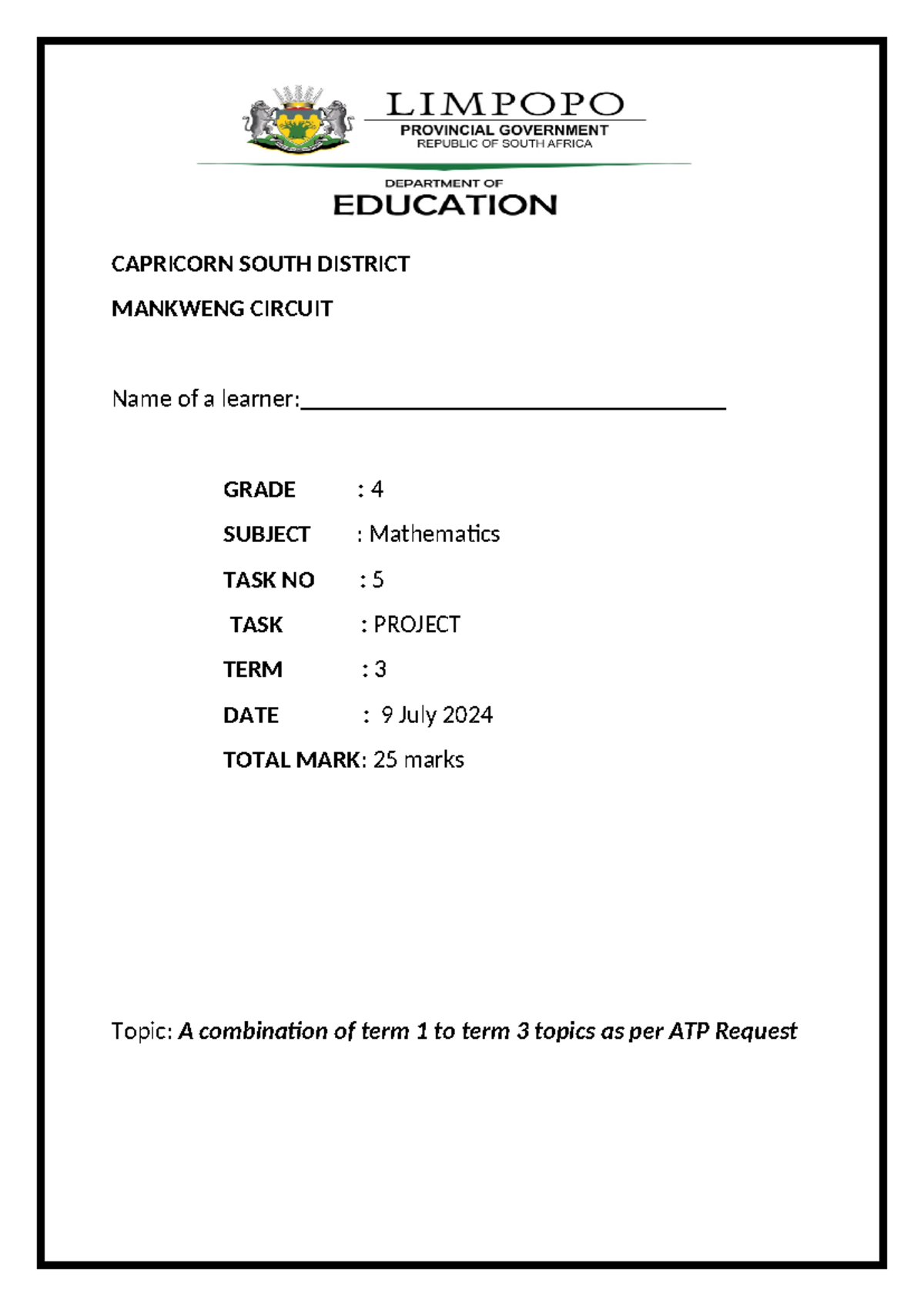 Grade 4 Math Project Term 3 2024: Final Assessment Task - Studocu