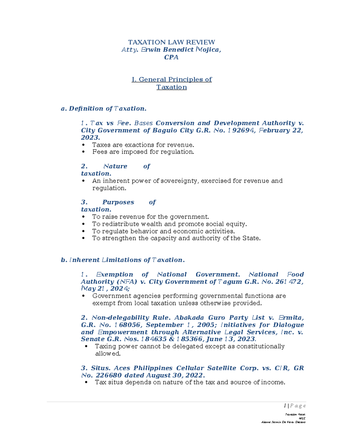 TAXATION LAW REVIEW: General Principles & Key Cases (1st Sem) - Studocu