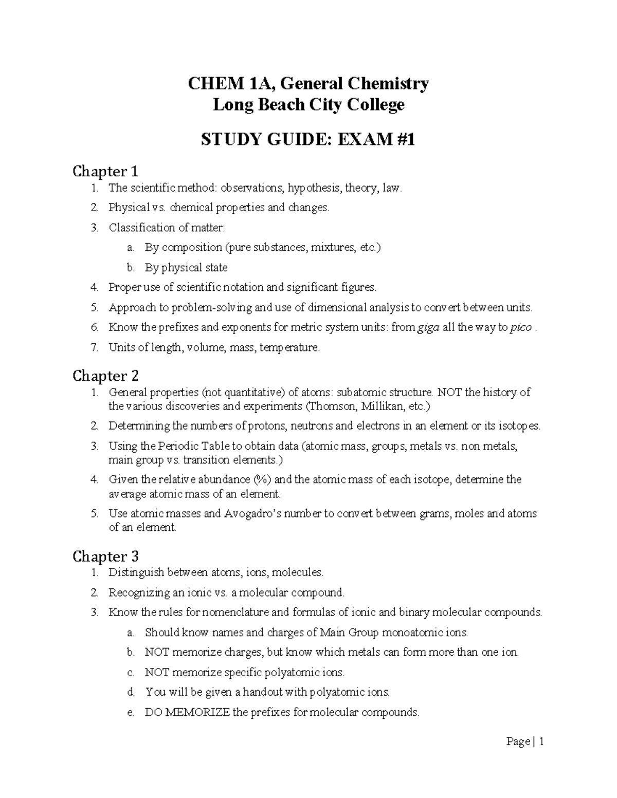 CHEM 1A Study Guide: Key Concepts for Exam #1 Overview - Studocu