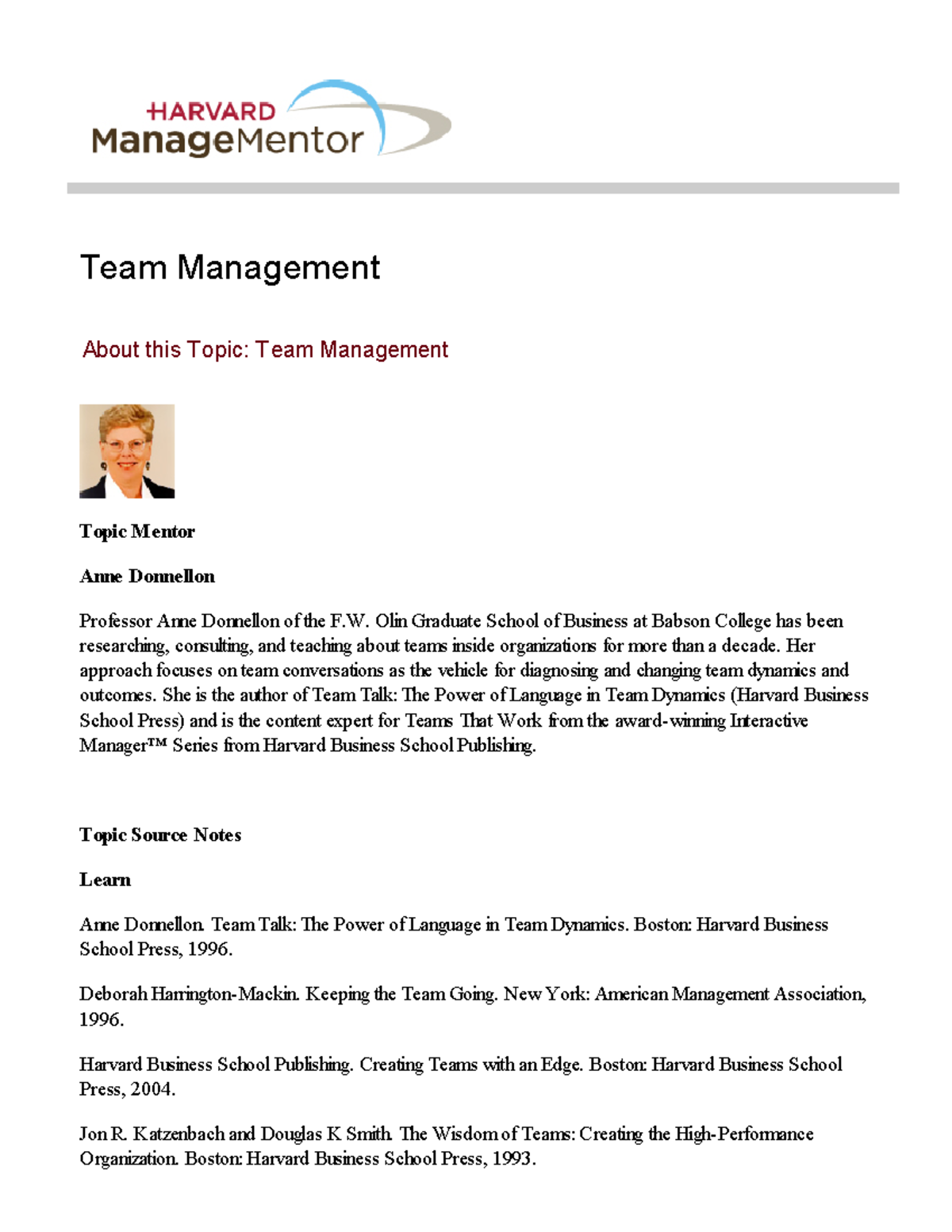 Team Management Insights - Harvard Manage Mentor - 4B000559 - Studocu