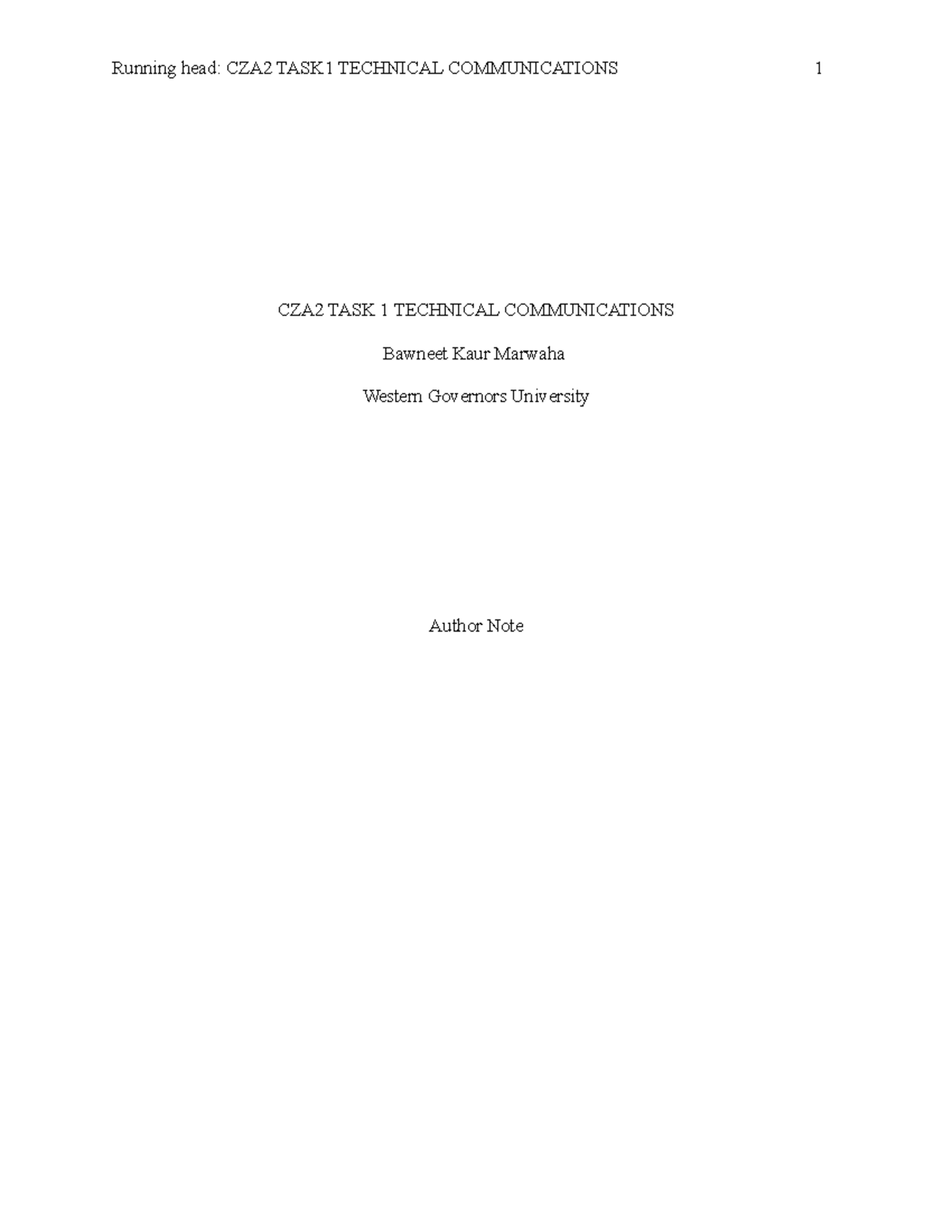 C948 Task1 Part1 Bawneet Kaur Marwaha - Running head: CZA2 TASK1 ...