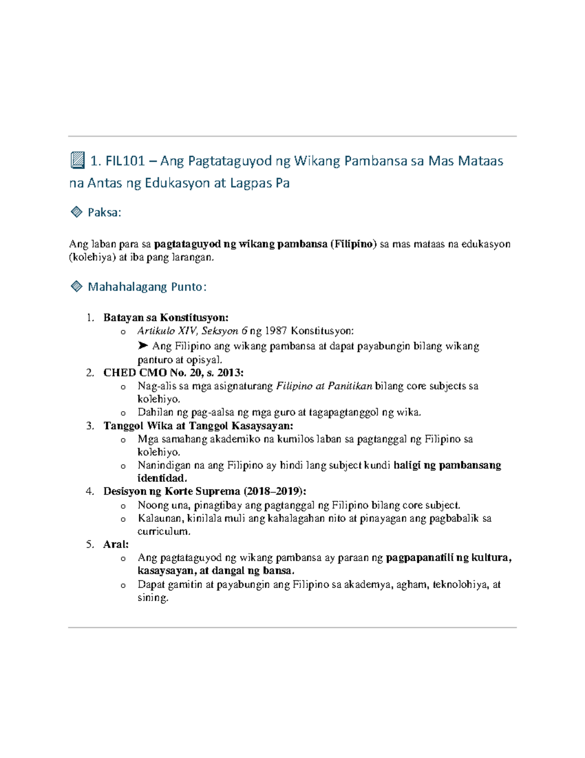 FIL101 Final Exam Reviewer: Pagtataguyod ng Wikang Pambansa at ...