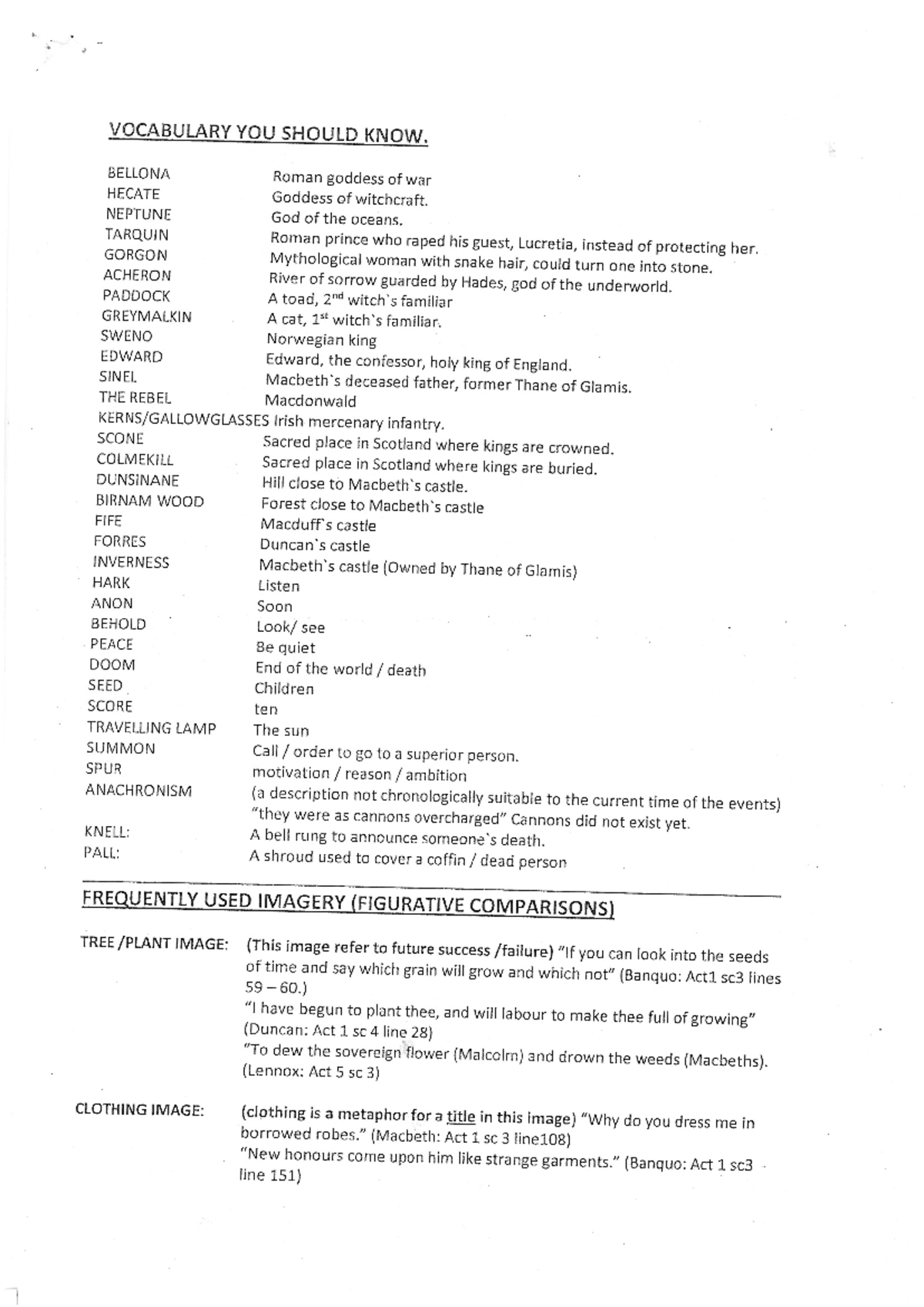 Macbeth Notes 2019: Key Vocabulary, Themes, and Imagery Analysis - Studocu