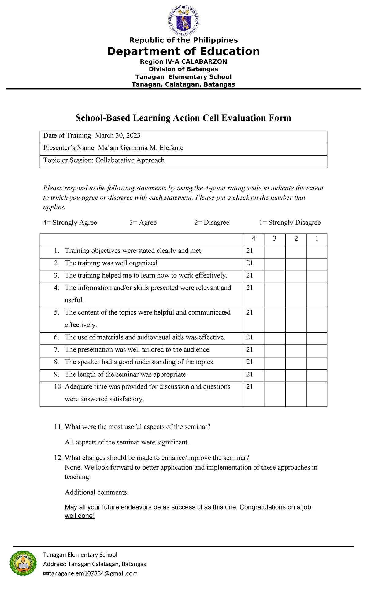Evaluation form - None so far. - Department of Education Region IV-A ...