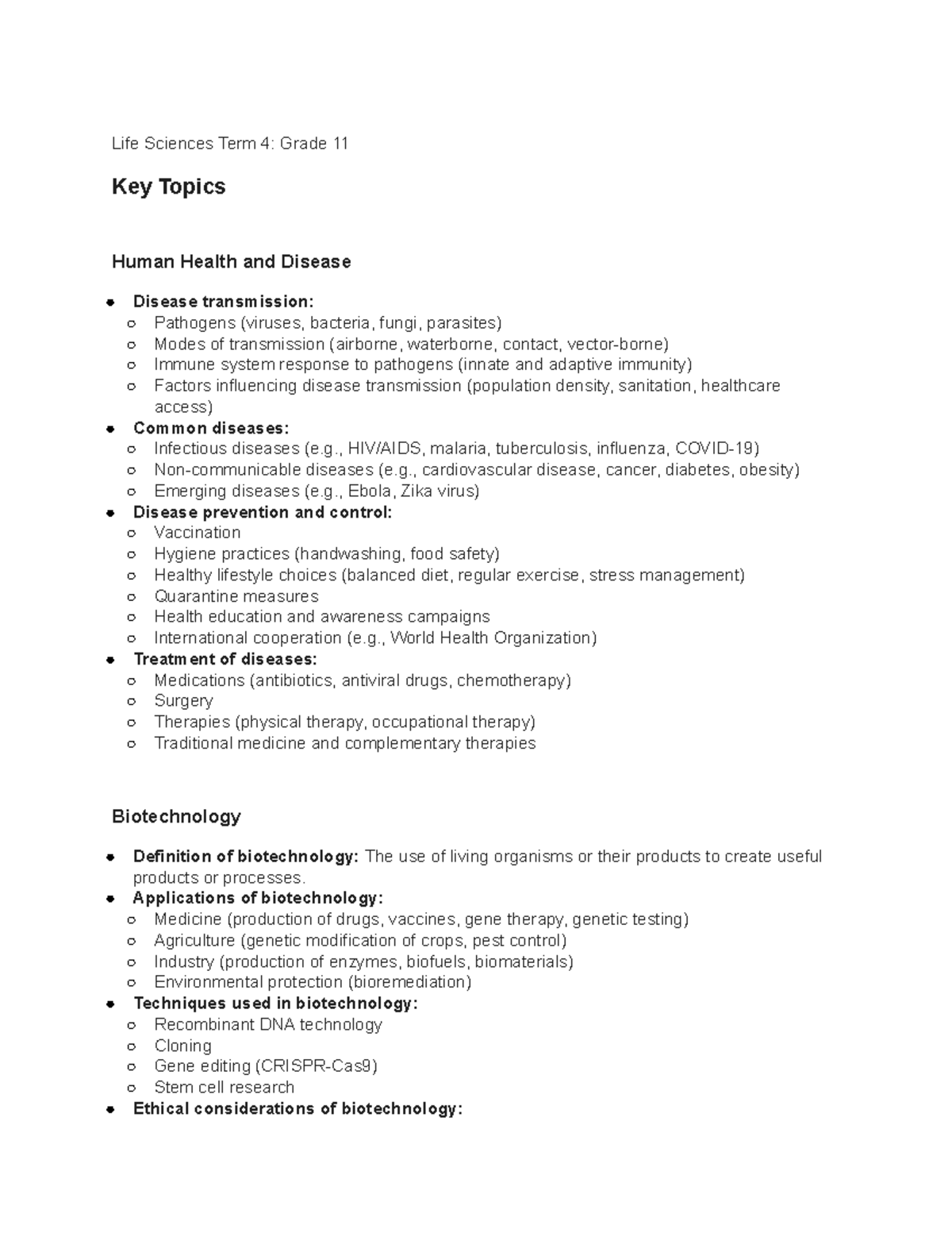 Grade 11 Life Sciences Term 4: Health, Disease & Biotechnology Overview ...