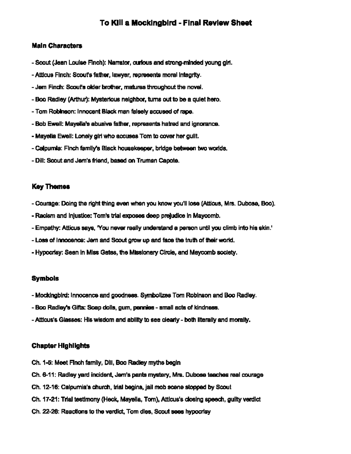 ENG 101: To Kill a Mockingbird Final Review Sheet and Key Themes - Studocu