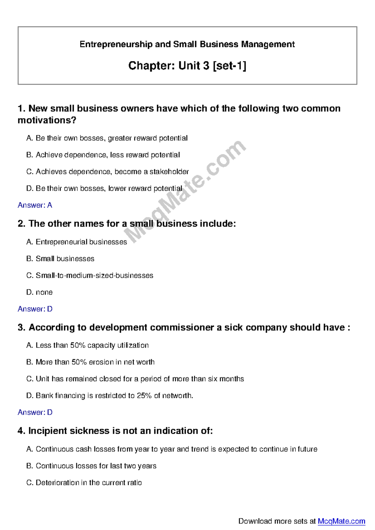 Entrepreneurship & Small Business Management (Unit 3 Set-1) MCQs Solved ...