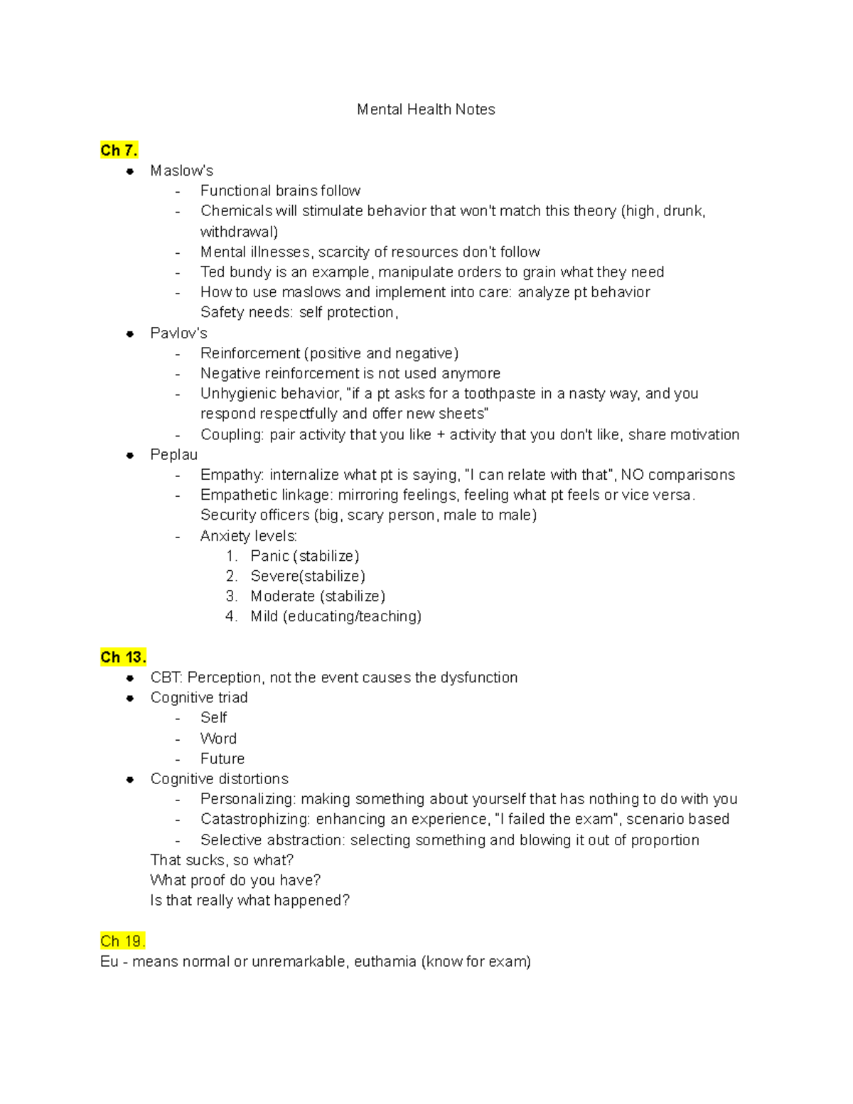 Mental Health Notes: Ch 7, 13, 19 & 20 - Behavioral Insights and ...