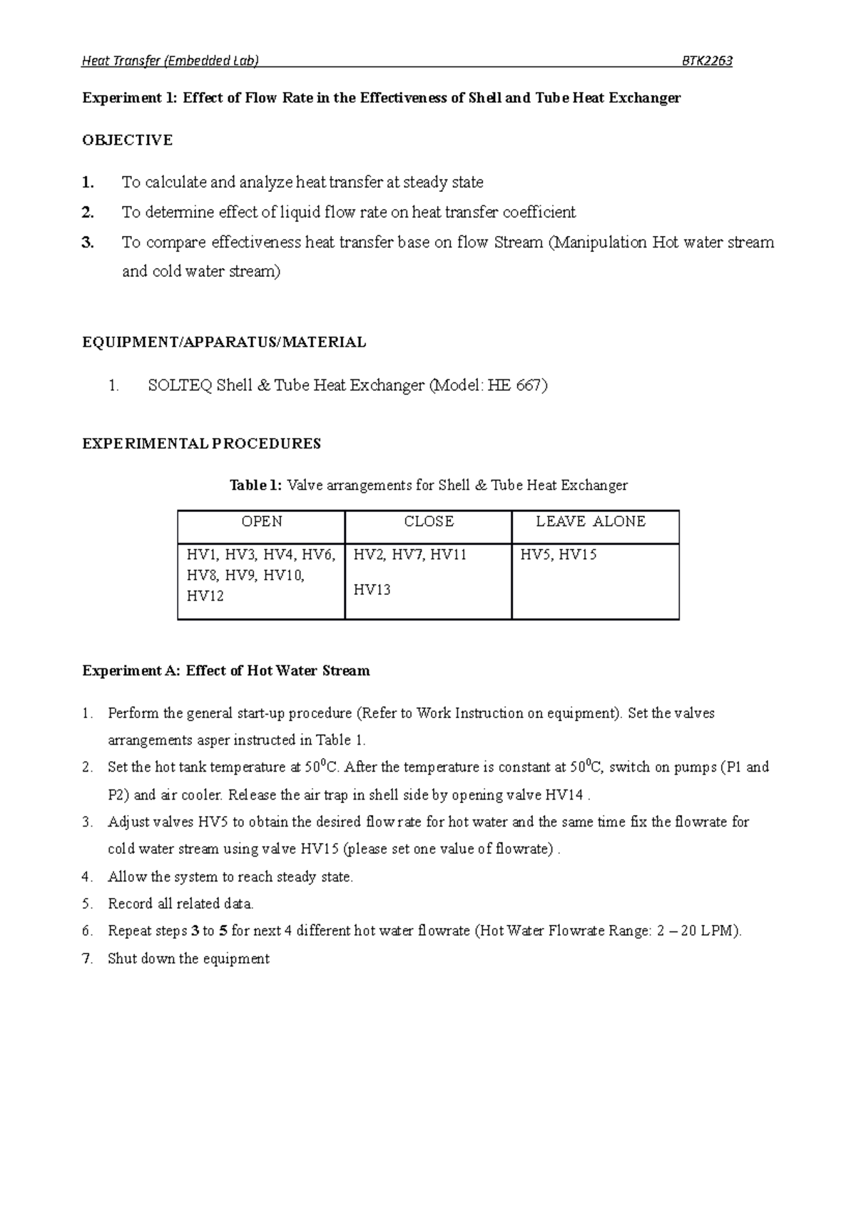 Exp. 1 Effect OF FLOW RATE IN THE Effectiveness OF Shell AND TUBE HEAT ...