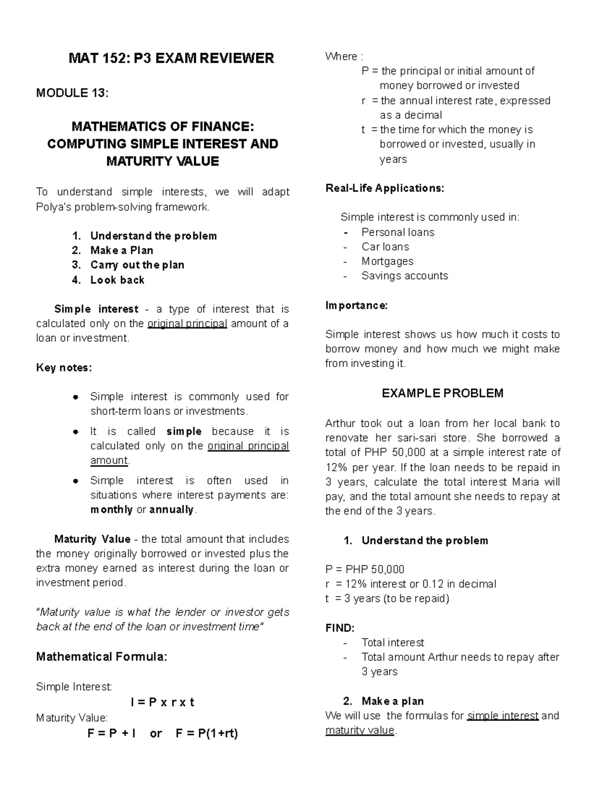 MAT-152: P3 EXAM REVIEWER - Finance Concepts & Linear Programming - Studocu