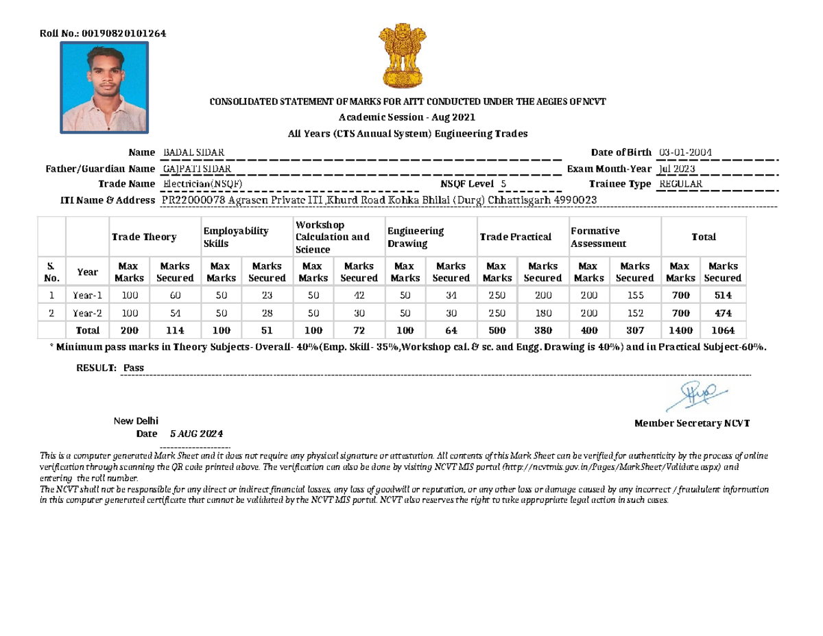 Consolidated Marks Statement for AITT NCVT - Badal Sidar (2021) - Studocu