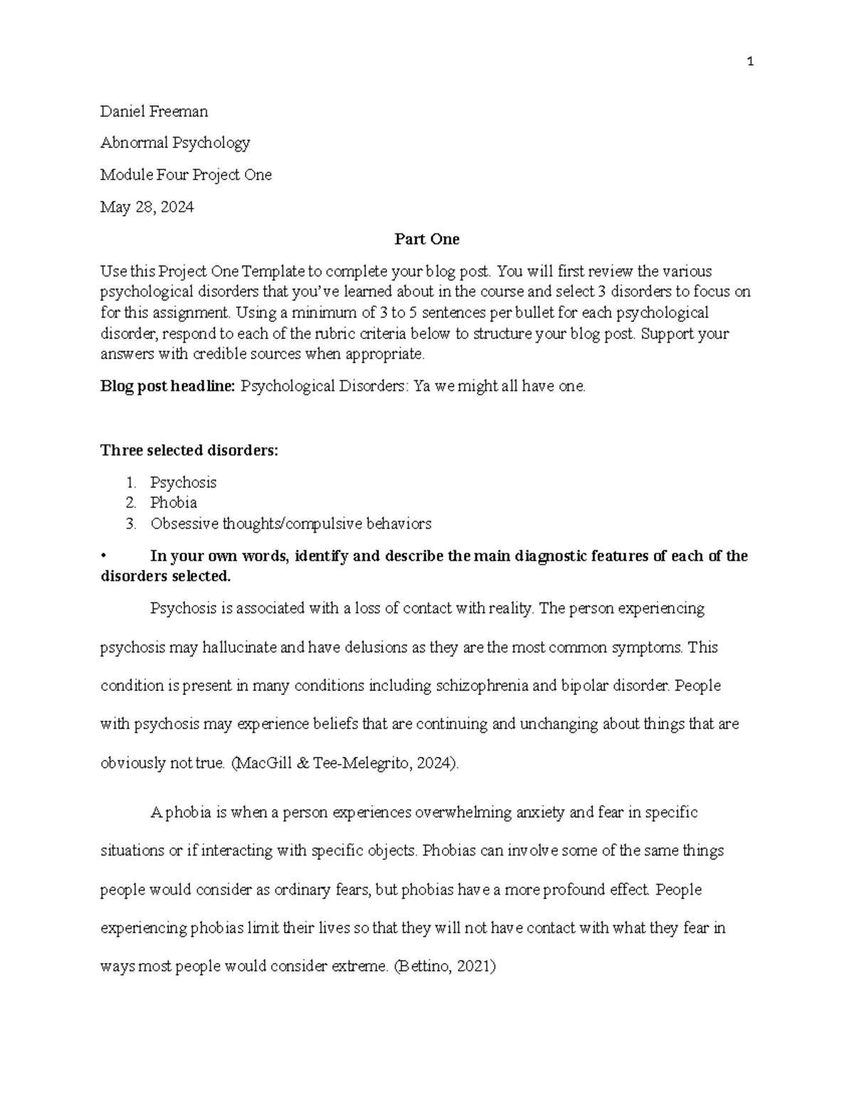 Psychological Disorders Overview: Module Four Project One PSY - Studocu