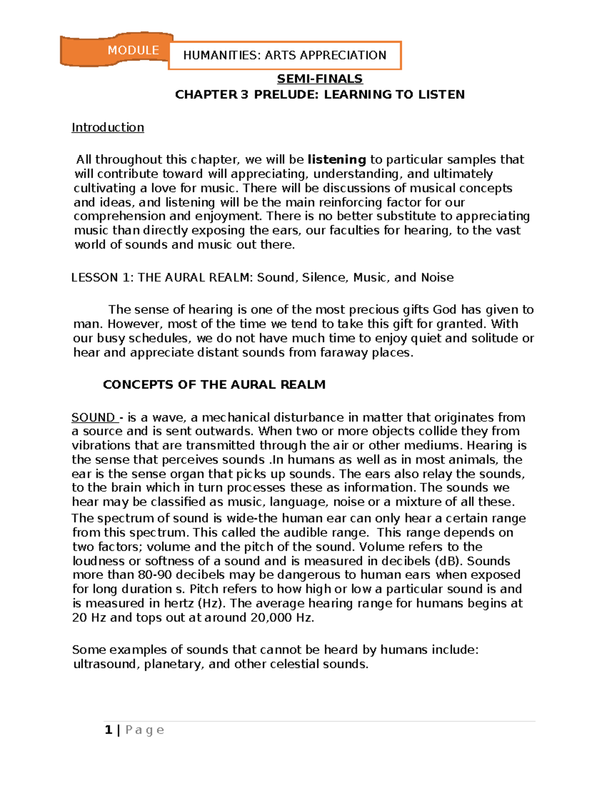 HUMANITIES: ARTS APPRECIATION CHAPTER 3 - LEARNING TO LISTEN - Studocu