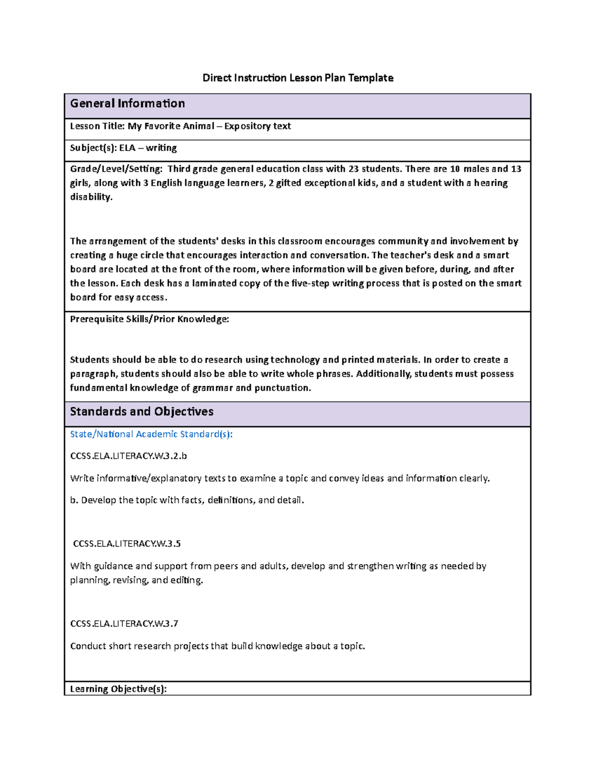 ELA 3rd Grade Writing Lesson Plan: Expository Text on Animals - Studocu