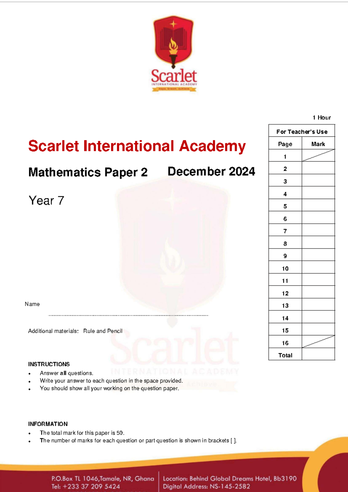 Mathematics Year 7 P2 - Preparatory Material for December 2024 Exam ...