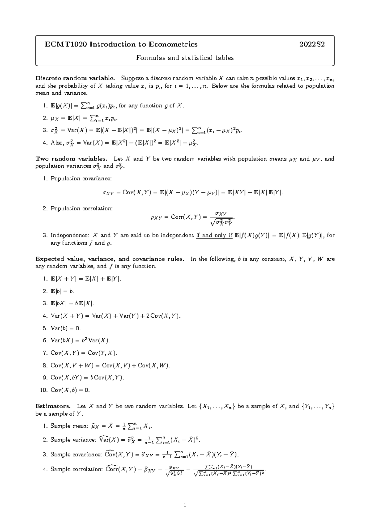 ECMT1020 2022S2 Final Exam Formula Sheet for Econometrics - Studocu