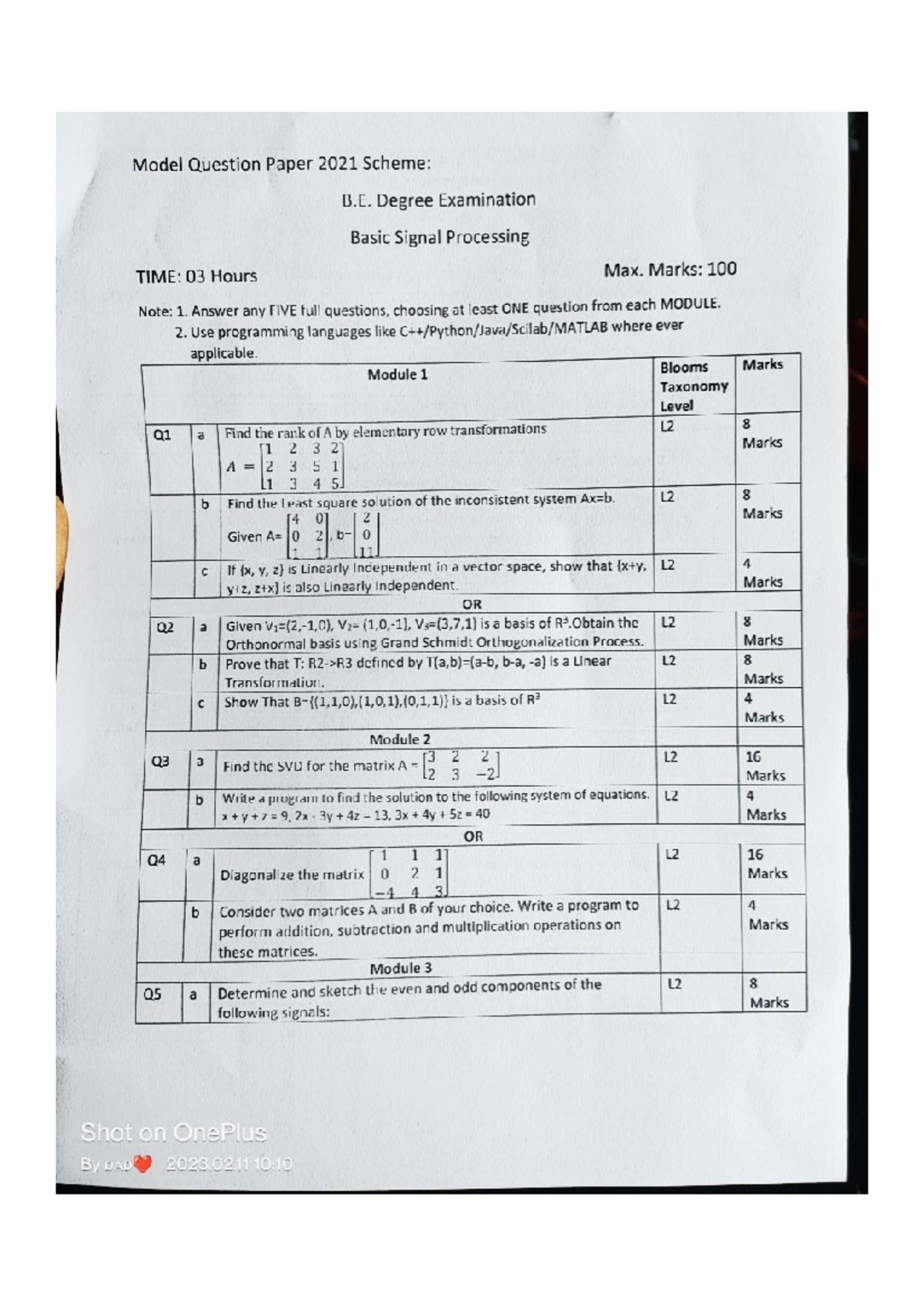 BSP Model Question Paper 2021 - B.E. Degree Exam - Studocu