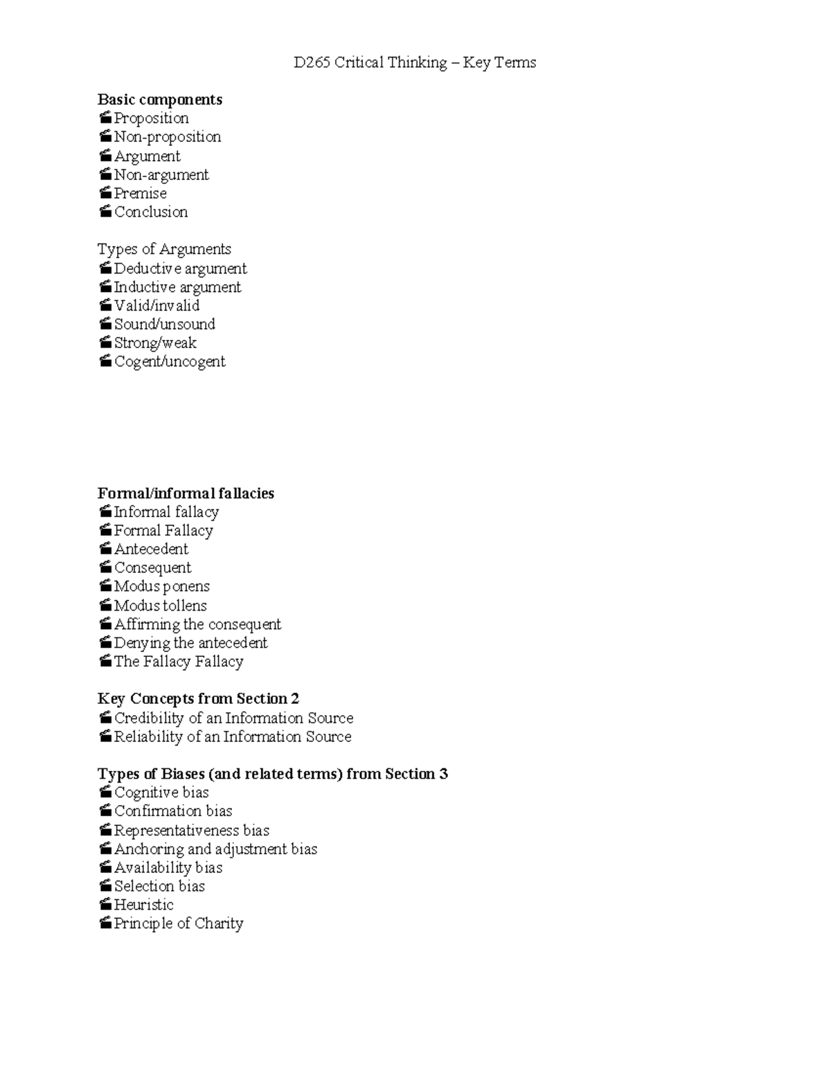 D265 Critical Thinking: Key Terms, Arguments, and Biases Overview - Studocu