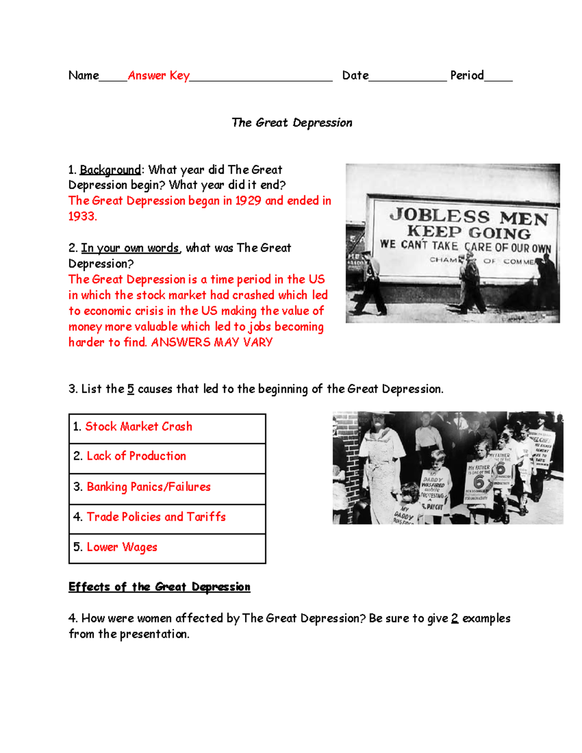 GGH 101: Answer Key for Great Depression Worksheet - Studocu