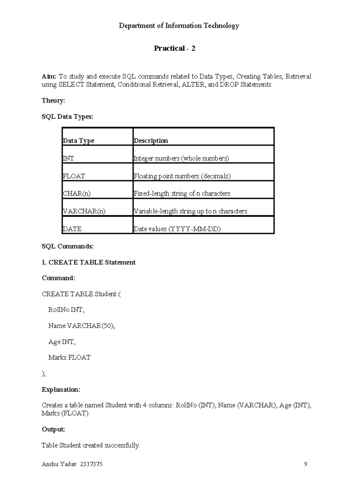 DBMS 2 - Practical 2: SQL Commands & Data Management Techniques - Studocu