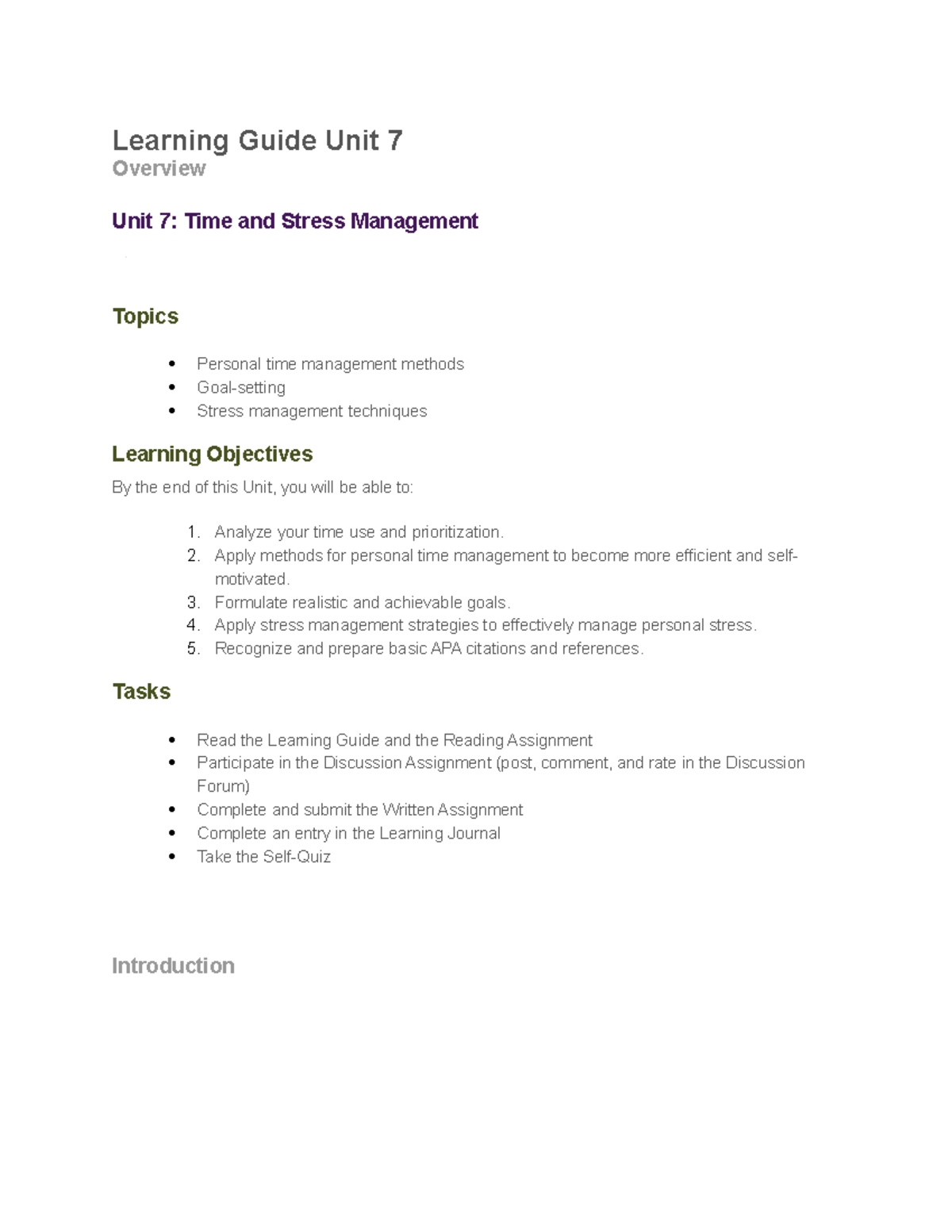 Learning Guide Unit 7 - Apply methods for personal time management to ...