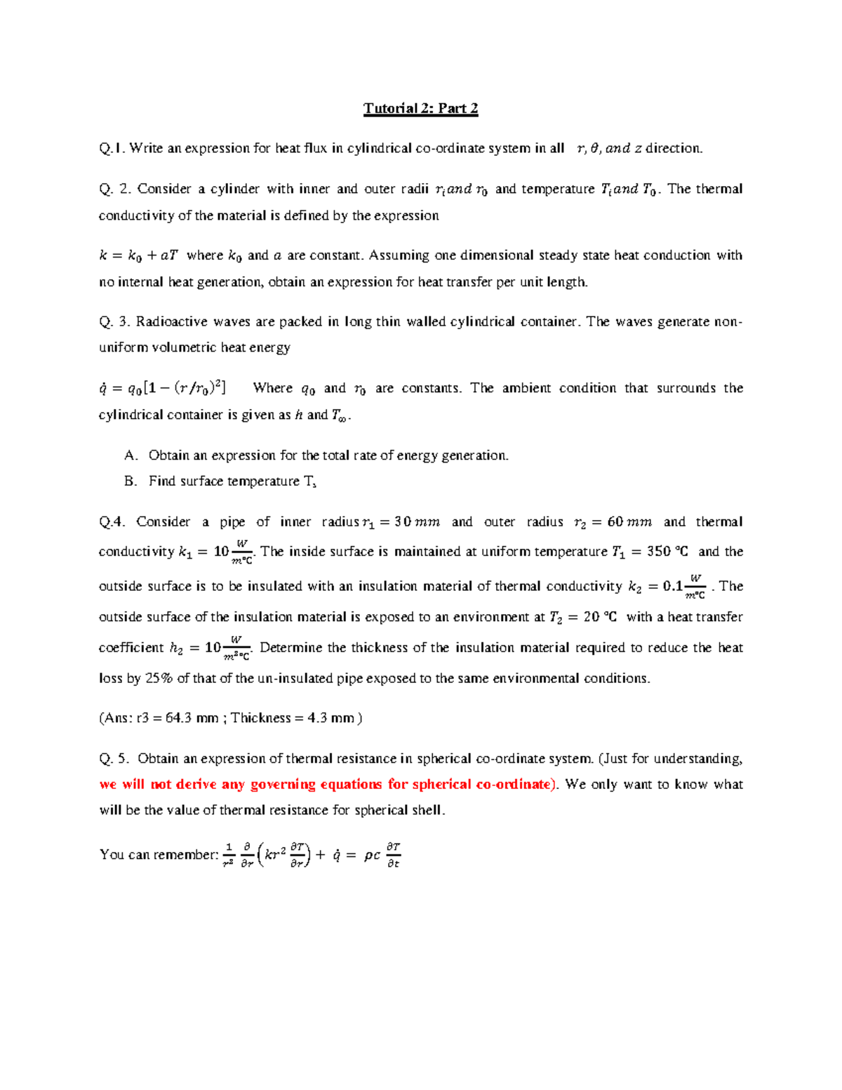Part 2 cylindrical coordiante - Tutorial 2: Part 2 Q. Write an ...