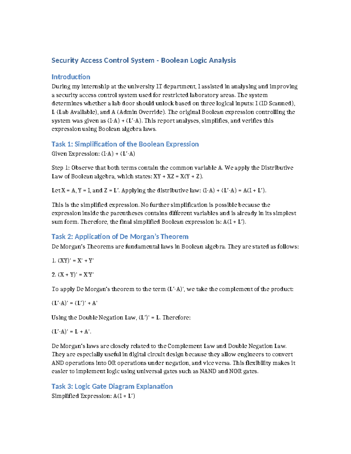 Security Access Control System: Boolean Logic Analysis (Assignment ...