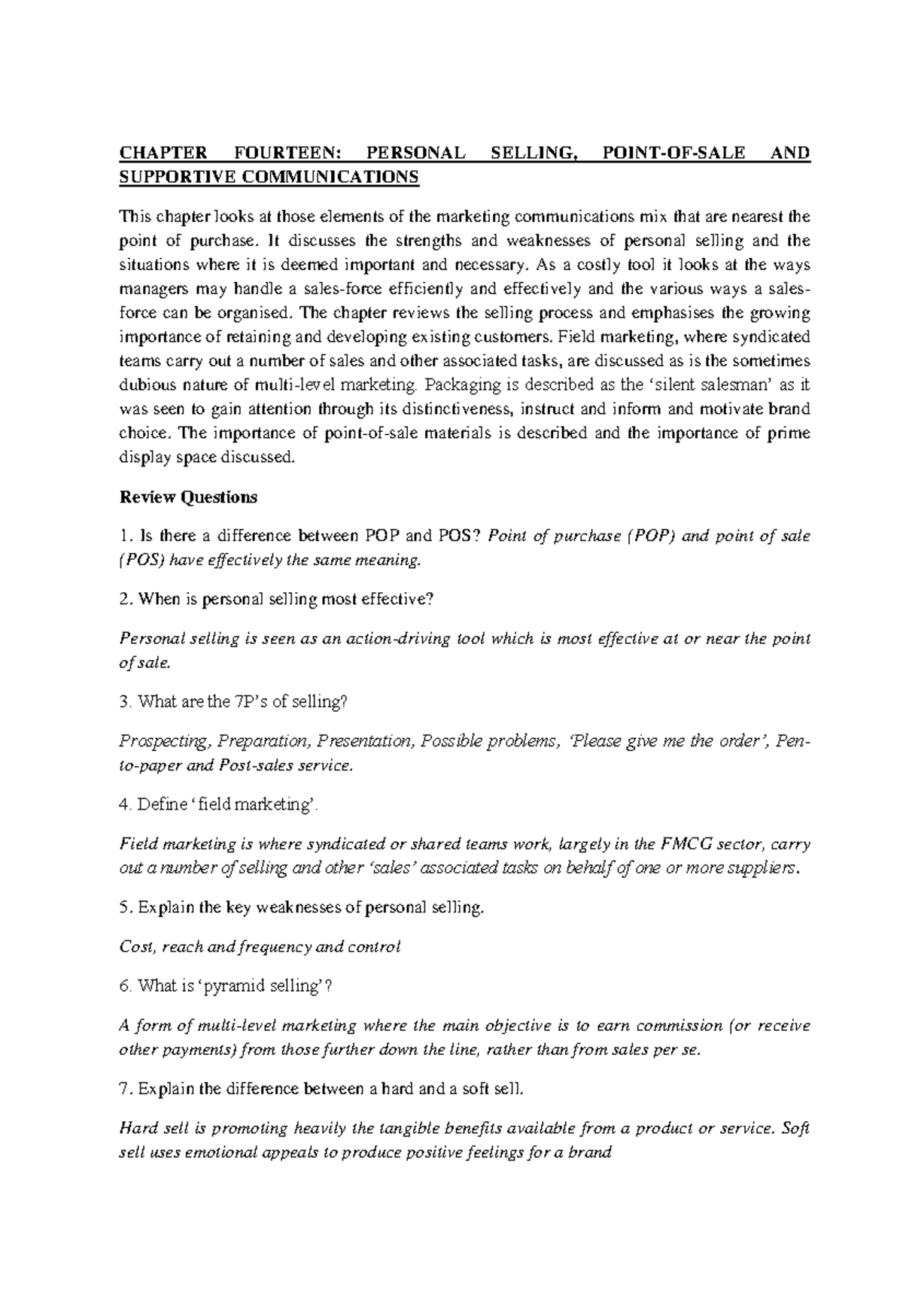 CH14: Personal Supportive Communications & Selling Strategies - Studocu