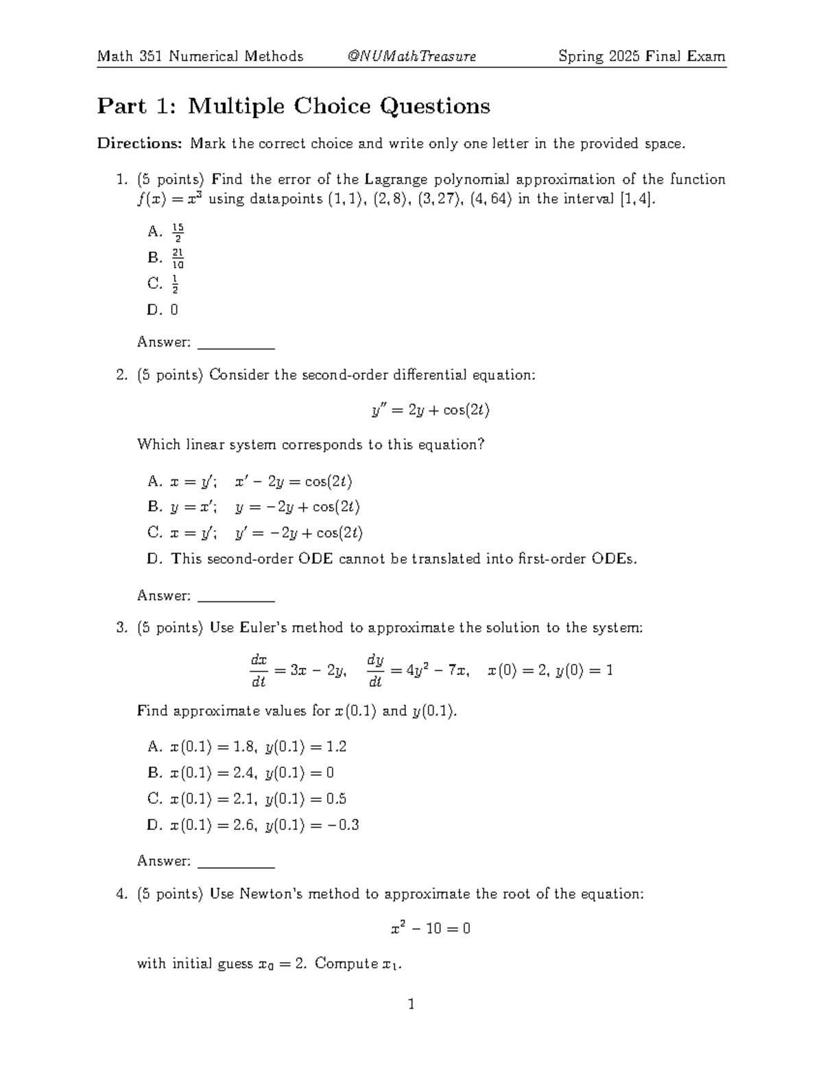Math 351 Numerical Methods Spring 2025 Final Exam MCQ Guide - Studocu