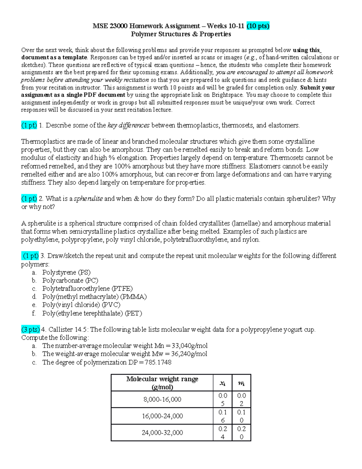 Week 11-12 HW - polymer structures and properties - MSE 23000 Homework ...
