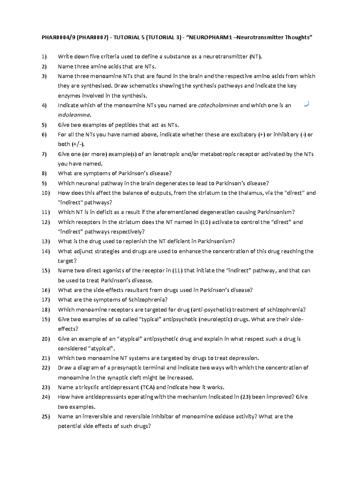 Neurotransmitter Insights for PHAR0004 Tutorial 5 Revision Notes - Studocu