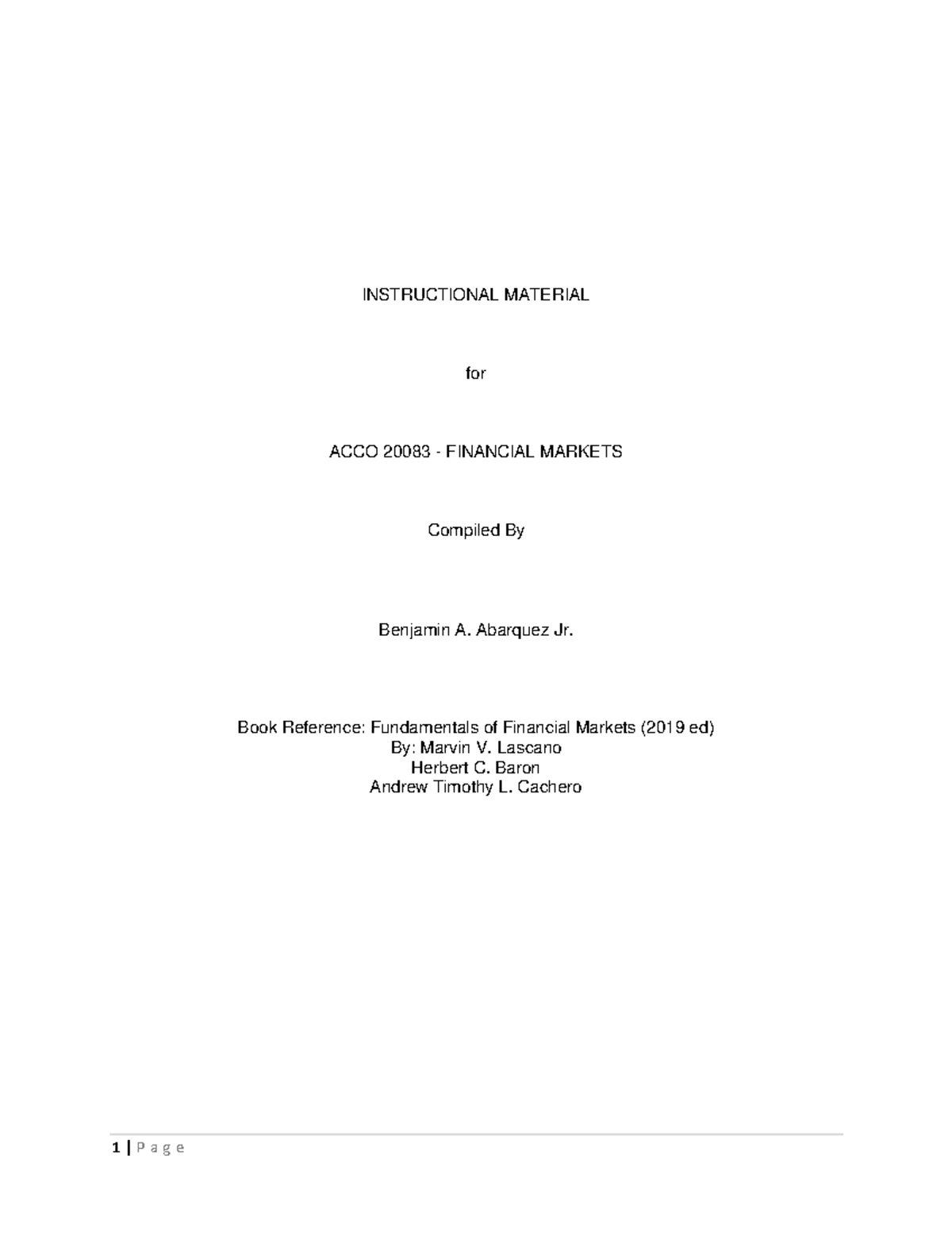 Pdfcoffee - Module on Fundamentals of Financial Markets - INSTRUCTIONAL MATERIAL for ACCO 20083 ...