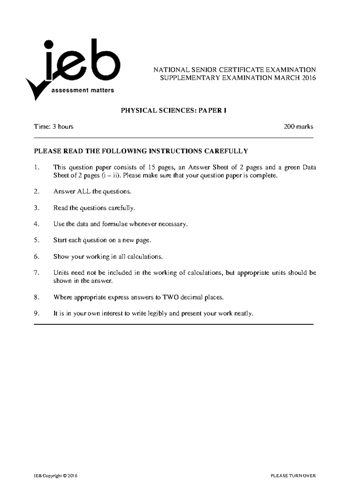 Physics P1 2016 - IEB Matric Physical Sciences Paper I Past Exam - Studocu