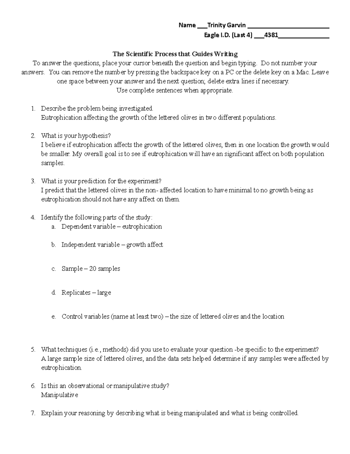 Scientific Investigation Worksheet on Eutrophication Impact (Sp23 ...