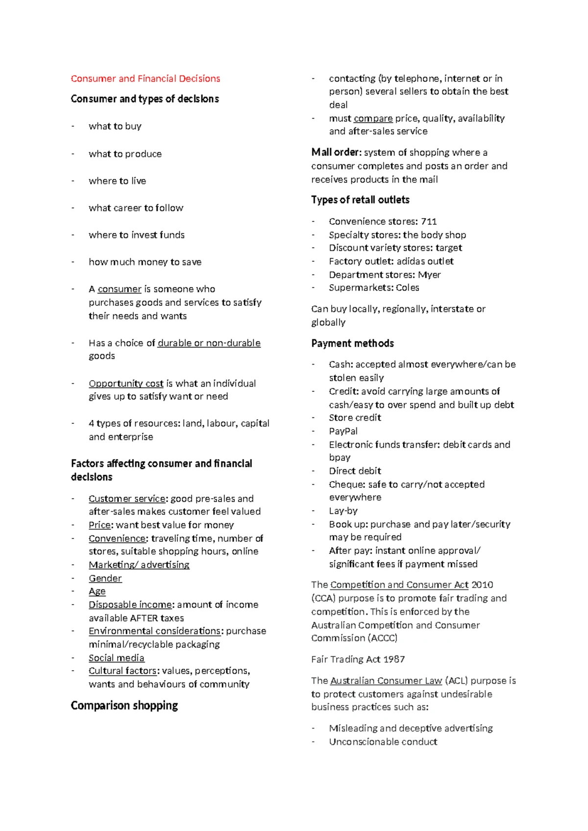 Commerce Exam Notes: Consumer & Financial Decisions (Course Code ...